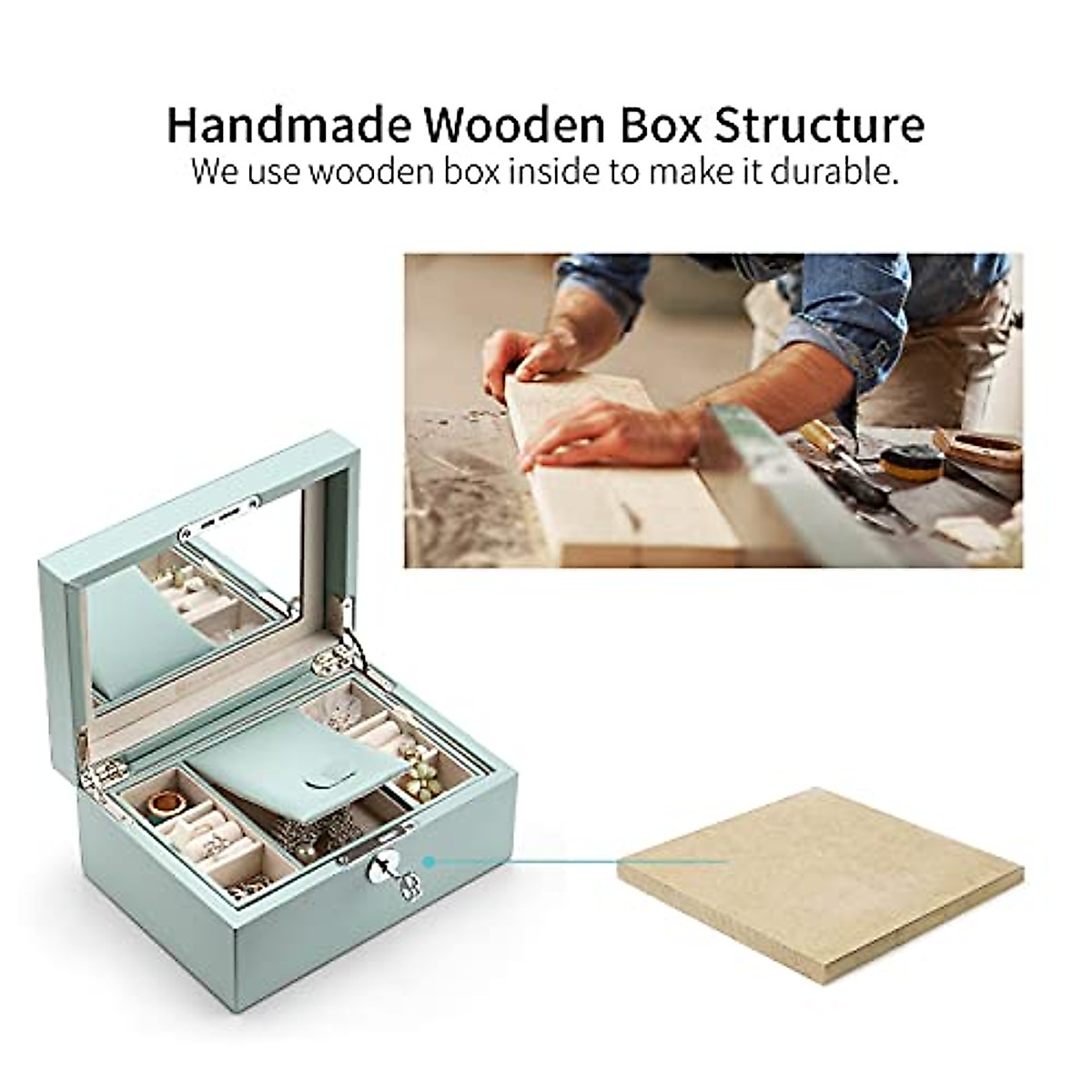 Vlando Lockable Jewelry Box, Two Tray Jewelries Collections Organizer, Girls Gift -Aqua Green