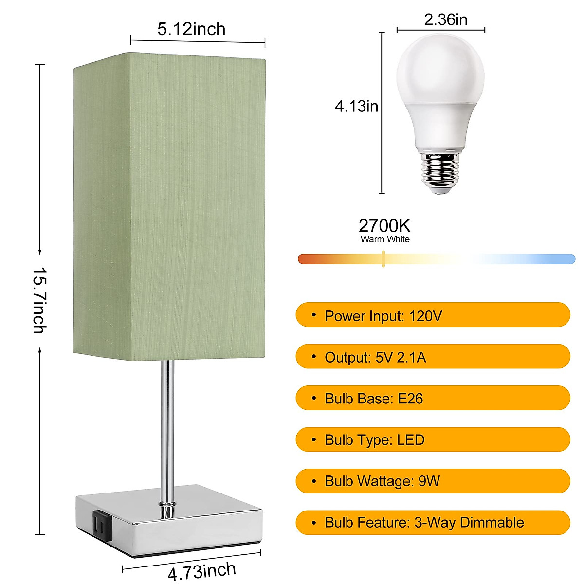 SEEDED-DESIGN Touch Control Table Lamp, Bedside Lamp with USB Port and Outlet, 3-Way Dimmable Nightstand Lamp for Bedroom, Living Room, LED Bulb Included (Square, Green Tea)
