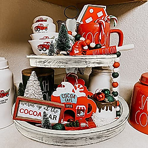 Farmhouse Tiered Tray 2 Tier Tray with Metal Handle, Wooden Tray Tiered Serving Tray for Cake, Fruit, Dessert, White Tray Decorative Tray for Living Room Kitchen Coffee Table Dining Table Centerpiece