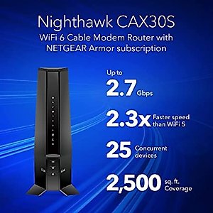 NETGEAR Nighthawk CAX30S - 100NAS AX2700 Wi-Fi 6 Cable Modem Router - Compatible with Xfinity, Spectrum, and Cox, (Up to 2.7Gbps) DOCSIS 3.1- Renewed