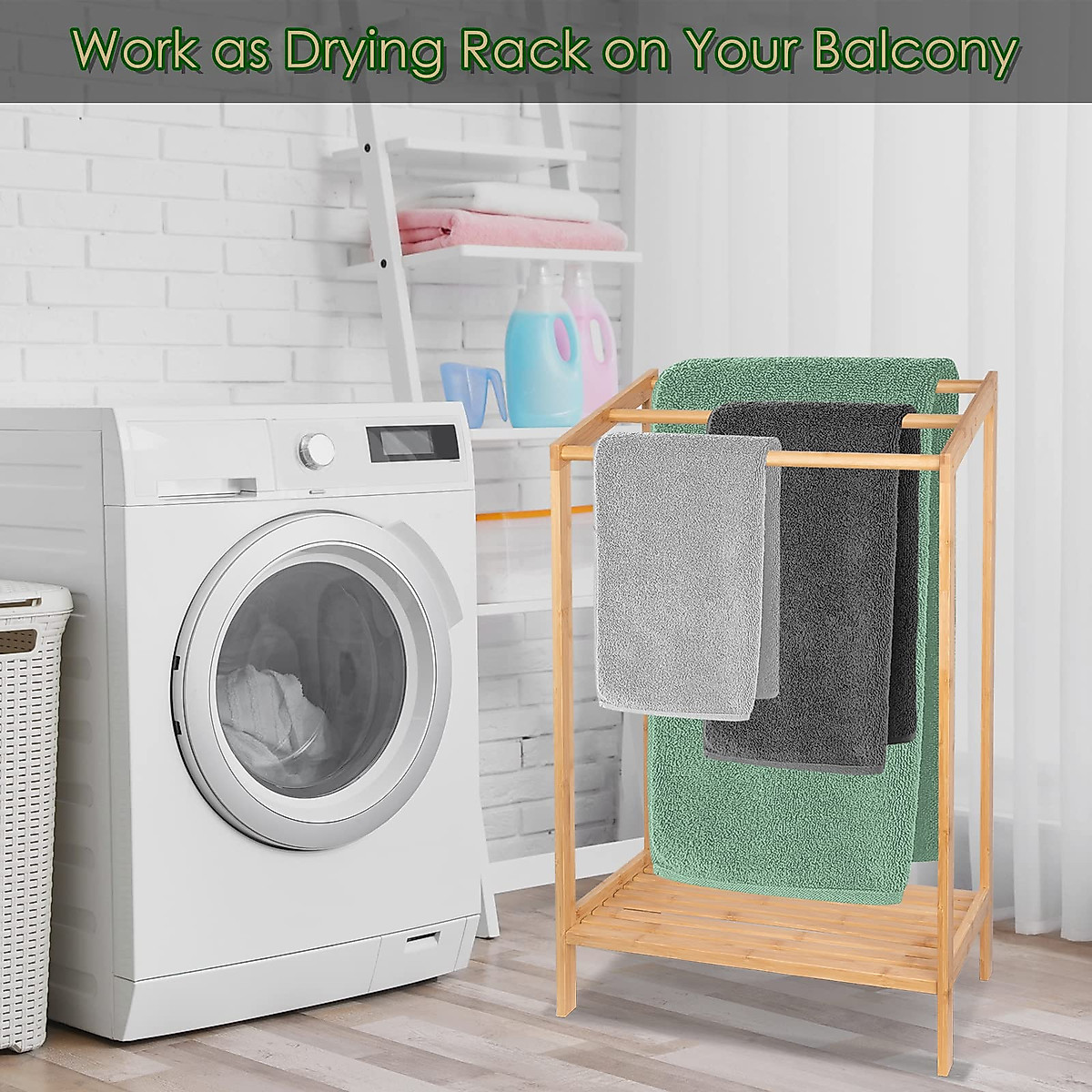 Purbambo Bamboo Towel Rack for Bathroom, 3 Tier Freestanding Towel Holders with Bottom Storage Shelf for Hand Towel, Washcloth, Facecloth, Small Bath Towel and Bathrobe