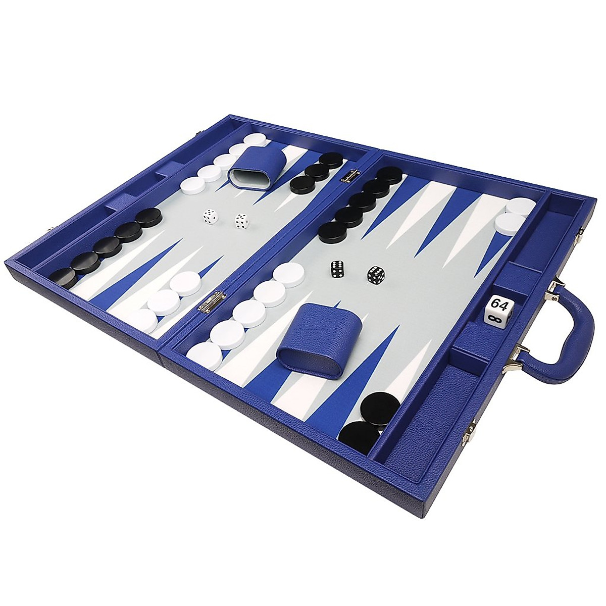 19-inch Premium Backgammon Set - Large Size - Indigo Blue Board, White and Navy Blue Points