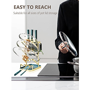 Pot Lid Organizer Rack, Pot Lid Holder for Cabinet and Counter, Kitchen Lid and Spoon Holder with Drip Tray (Gold)