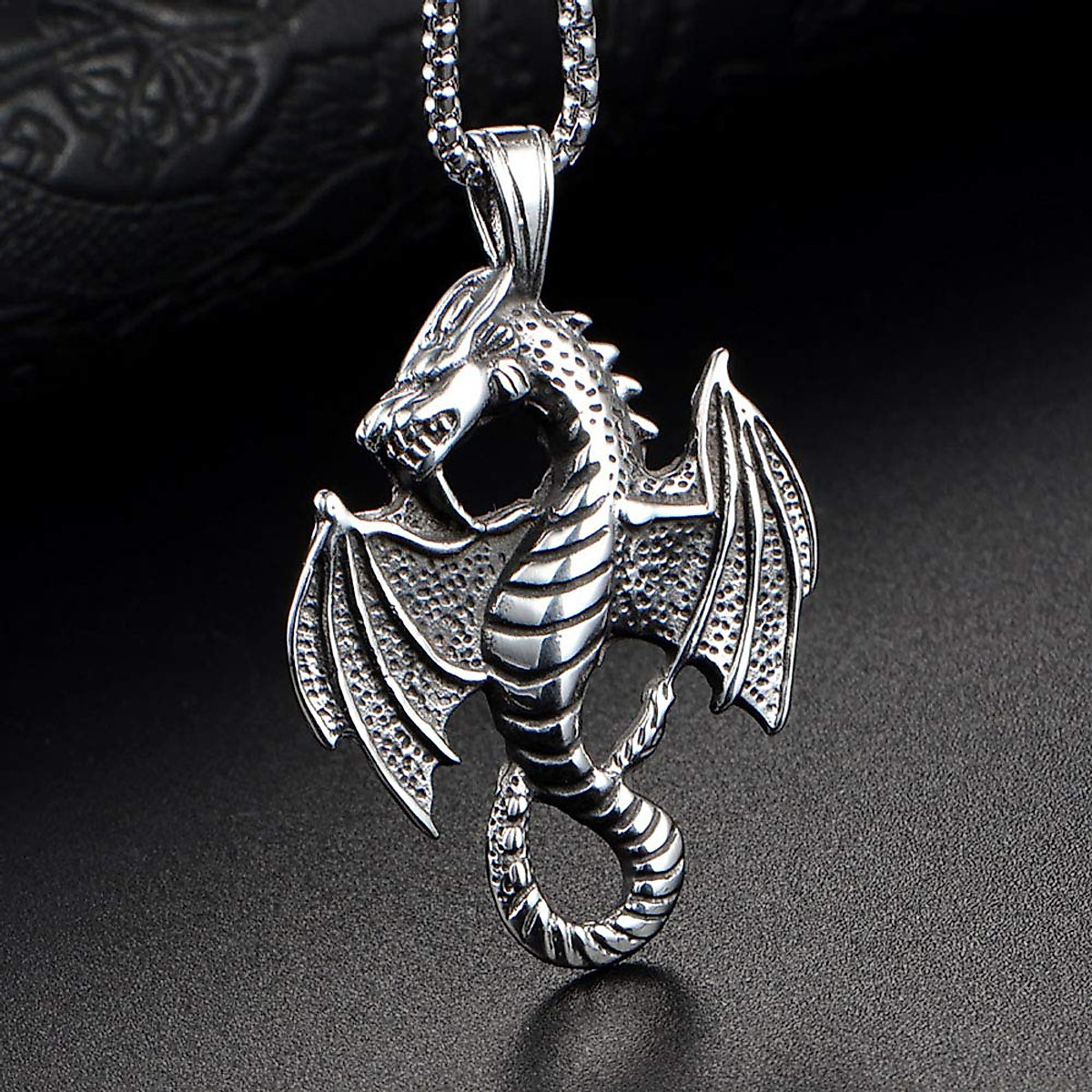 ATDMEI Dragon Pendant Necklace for Mens Women Stainless Steel Vintge Gothic Jewelry