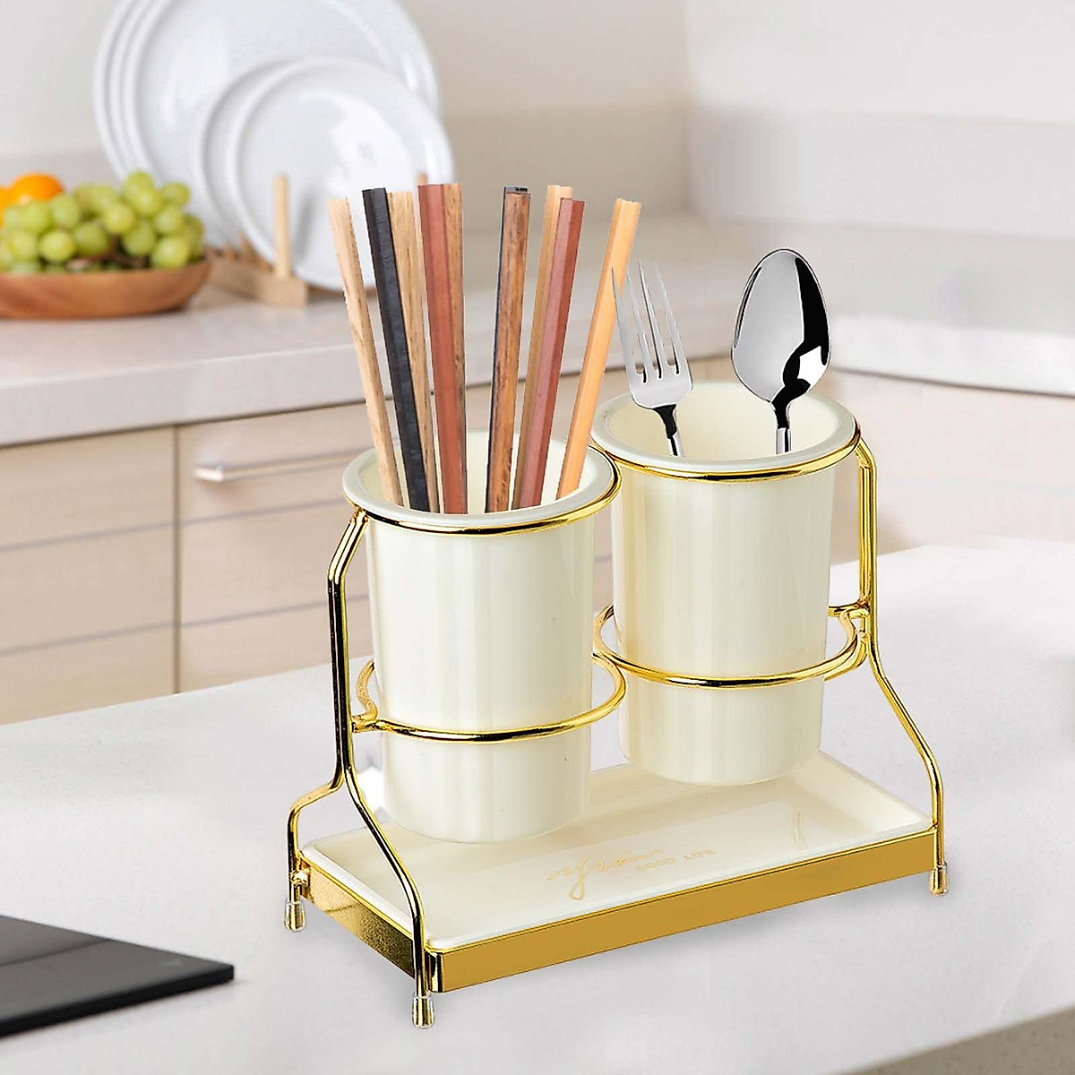 Bothyi Kitchen Utensil Holder, Cutlery Storage Organizer, Draining Chopstick Cage and Metal Hanger Rack, Utensil Crock for Countertop Restaurante Home , White