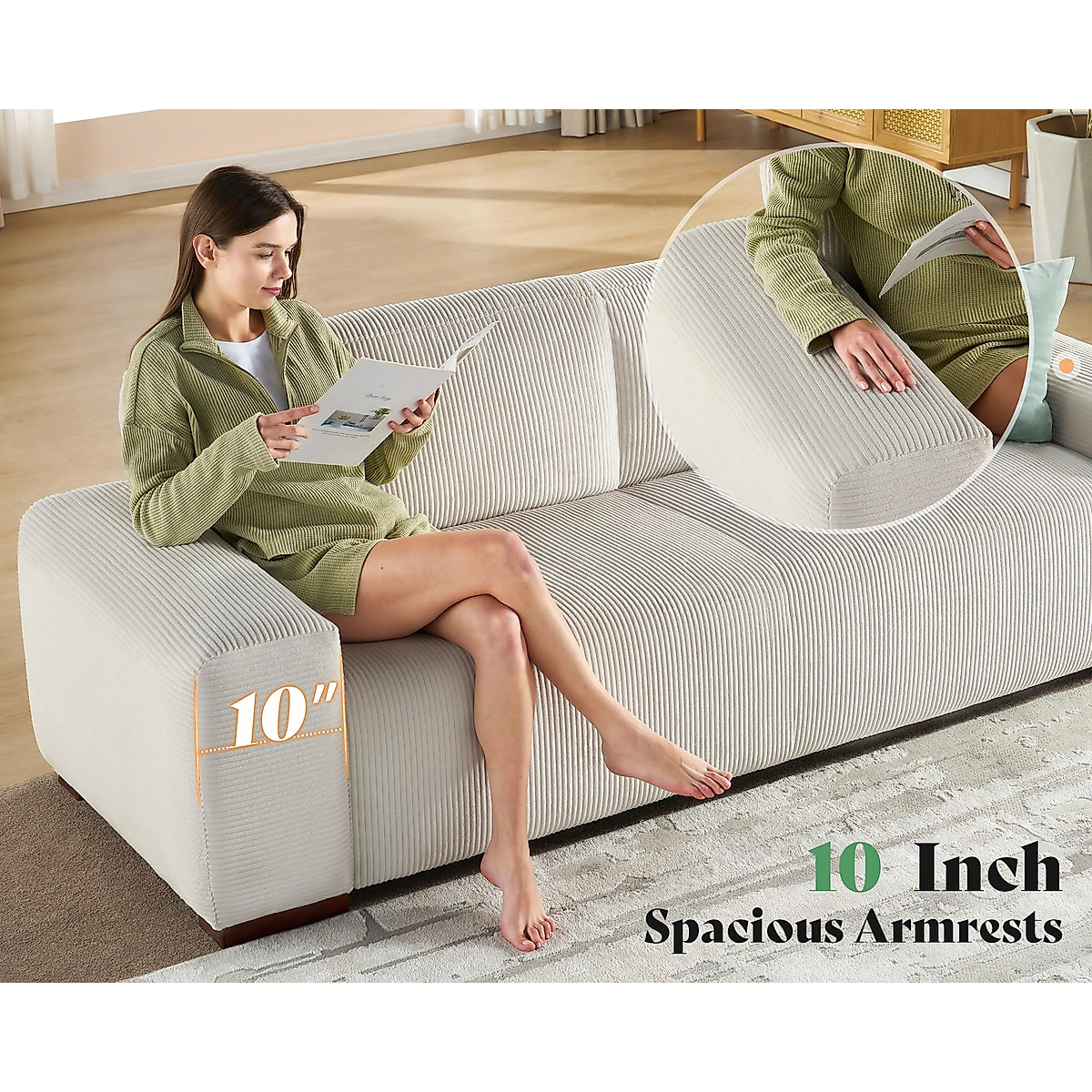 AMERLIFE Sofa, 89 inch Oversized Couch with Thick Armrest, Comfy Sofa Couch for Living Room-3 Seater Sofa in White Corduroy