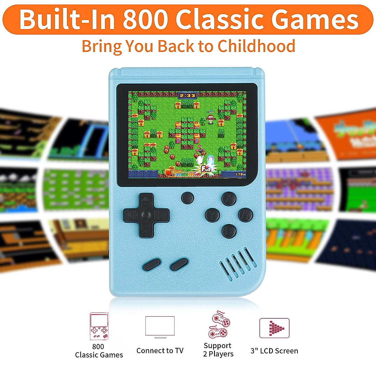 Handheld Game Console, 500 Classic FC Retro Game with 3.0" LCD Screen, Portable Video Games, 1200mAh Rechargeable Battery, Support to Connect TV & 2 Players