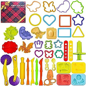 Jaeespon Dough Play Tools for Kids-40pcs Dough Sets with Dinosaur Fruit Roller Cutter Scissor and Various Plastic Accessories Molds, Best Toys Gift for Age 2-8