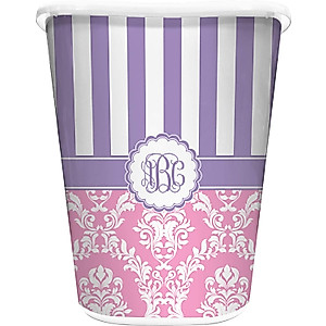 RNK Shops Personalized Pink & Purple Damask Waste Basket - Double Sided (White)