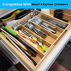 LifeReorganized Organize Your Kitchen, Makeup & Jewelry w/Expandable Bamboo Drawer Organizer Tray-Silicone Feet, Cutlery Flatware & Silverware Knife Fork Spoon Cosmetics-Keep Countertop Organized!