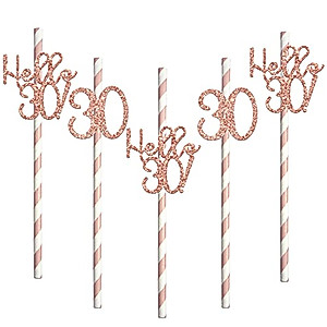30th Birthday Paper Straw Decor, Happy 30th Birthday Decorations, Hello 30, 30th Anniversary/Birthday Party Drinking Decorative Straws, Cheer 30 Years Old Party Supplies 12 Pieces Rose Gold