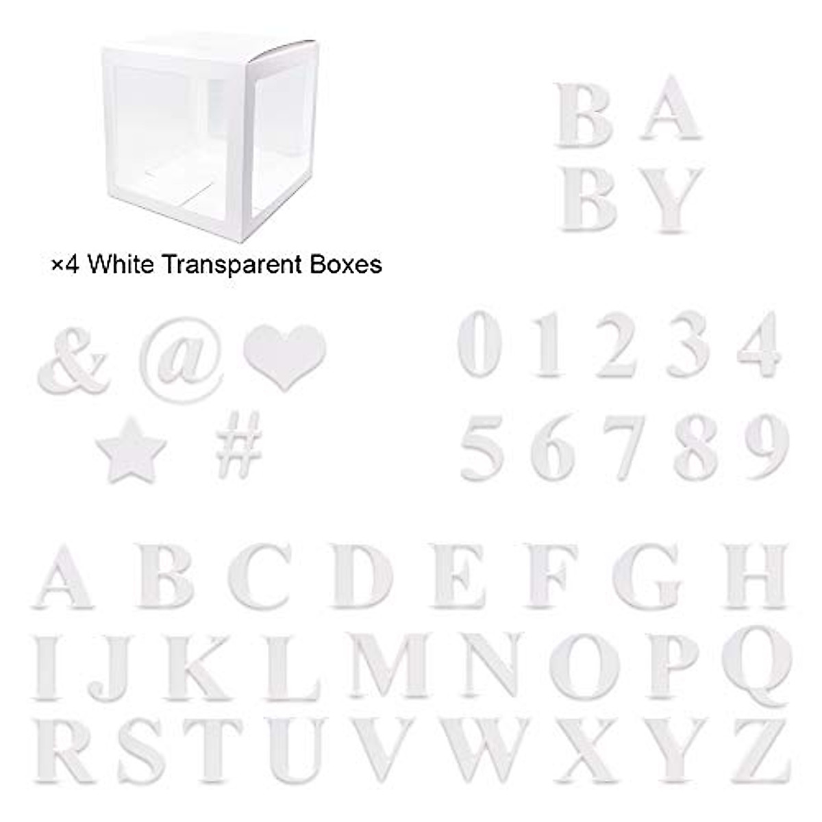4 pcs White Transparent Balloons Boxes with 30 Letters 10 Numbers 5 Symbols, 49 pcs Party Decorations Kit Supplies, Boys Girls Birthday Baby Shower Gender Reveal Decoration Backdrop, Photo Props
