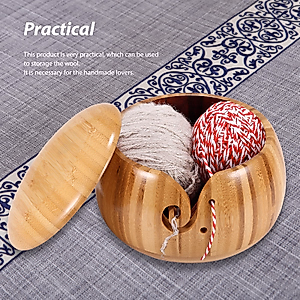 Bamboo Yarn Bowl, Handmade Knitting Yarn Storage Bowl with Removable Lid and Holes, Large Size Knitting Bowl Wool Holder Carbonized Bowl Box for Crochet Knitting Home Decor