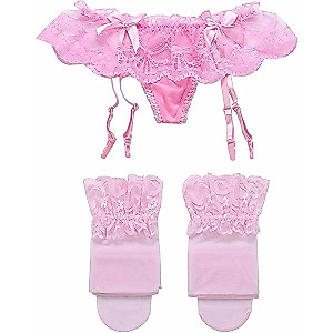 HOTSO Women Lace Garter Belt and Stockings Set Sexy Suspenders with G-String Panty Satin Bow Trim Mini Skirt Hosiery Mesh Lingerie (Pink)