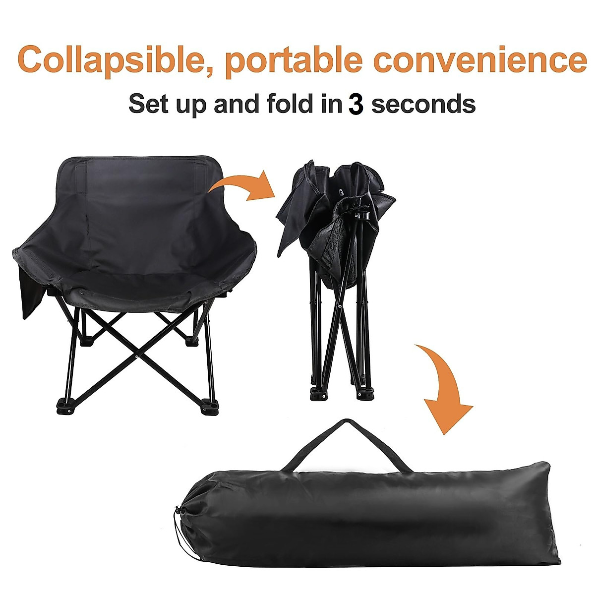 Portable Folding Camping Chair for Outside, Lightweight Outdoor Chairs Support 440lbs for Backyard Lawn Beach Camp Chairs, Black