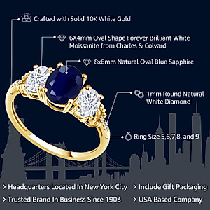 Gem Stone King 2.84 Cttw 10K Yellow Gold Blue Sapphire White Moissanite and Diamond 3-Stone Engagement Ring | Gemstone Birthstone | 3 Stone Wedding Anniversary Promise Ring For Women (Size 5)