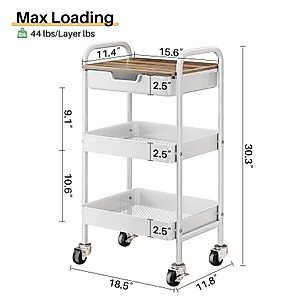 SNTD 3 Tier Rolling Utility Cart with Wheels - Storage Cart with Wood Table Top and Drawer, Metal Art Cart for Kitchen, Office, Classroom (White)