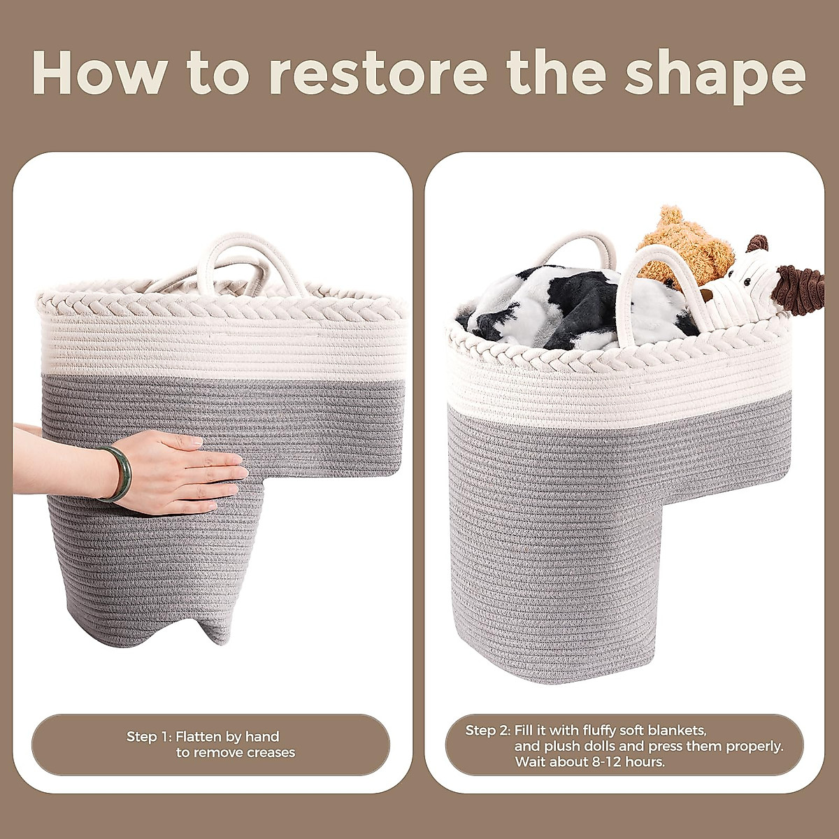 Puricon Stair Basket, Cotton Rope Staircase Basket for Carpeted and Wooden Stairs, Foldable Stair Step Storage Basket Collapsible Stair Organizer with Handle -Greywhite