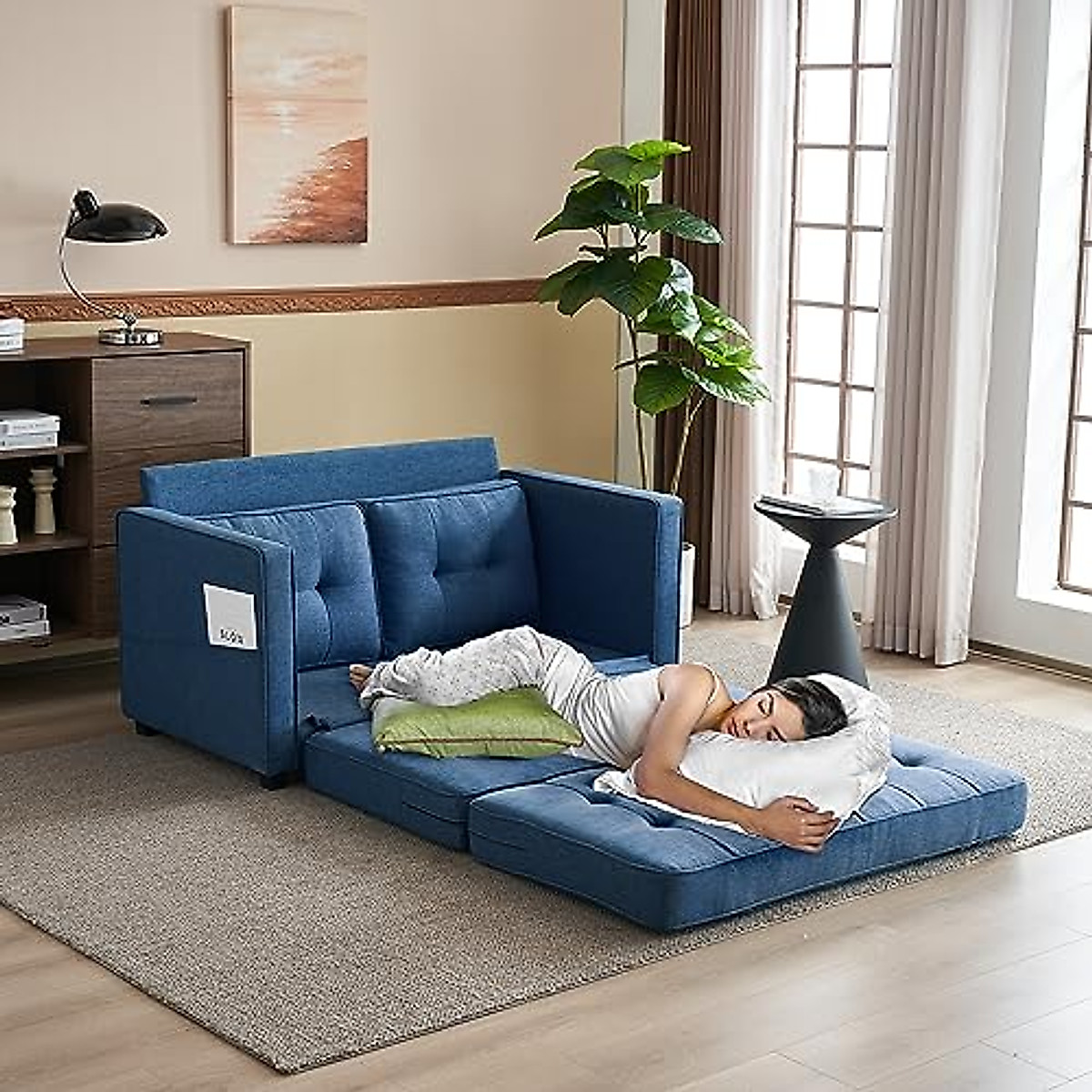 VINGLI Upgraded Loveseat Sleeper, 53.5" W 80" L Convertible Sofa Bed Couch Futon Couches for Living Room, Folding Couch Bed for Small Spaces, Foldable Floor Gaming Sofa Bed for Basement, Navy Blue