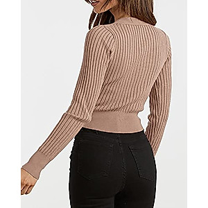 BTFBM Women Wrap Deep V Neck Cropped Sweaters Long Sleeve High Waist Tie Front Slim Fit Ribbed Knit Pullover Sweater Top(Solid Khaki, Small)