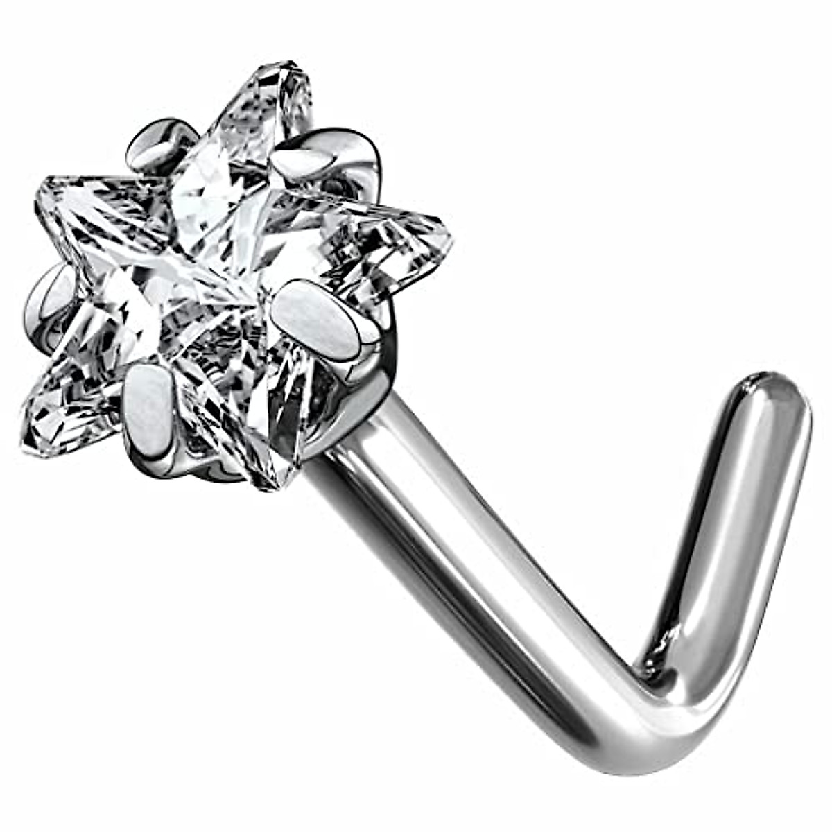 18G 3mm STAR CLEAR CZ GEM PRONG SET L BEND IT FIT SURGICAL STEEL NOSE RING STUD Style 88888-804