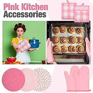 Oven Mitts and Pot Holders 7 Sets, Heat Resistant Kitchen Gloves Pads Potholders for Christmas Women Gifts Cotton Pot Holders Farmhouse Kitchen Accessories Gift for Cooking Baking(Pink White, Cotton)