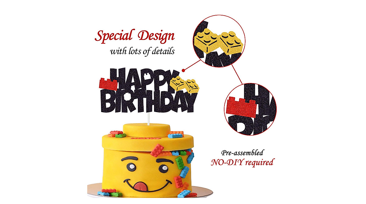 Building Blocks Cake Topper Glitter Happy Birthday Cake Decoration ...