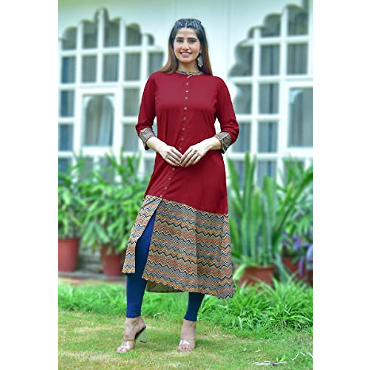 Yash Gallery Women's Rayon & Cotton Cambric Zig-Zag Print A-Line Kurta (S, Maroon)