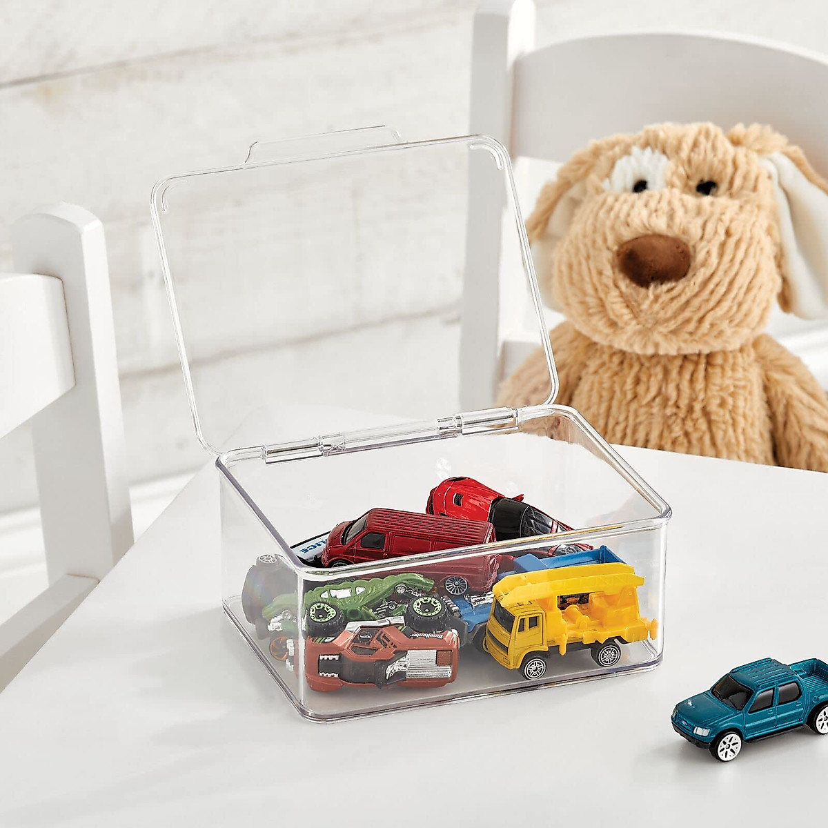 mDesign Plastic Playroom/Gaming Storage Organizer Box Containers, Hinged Lid for Shelves or Cubby, Holds Small Toys, Building Blocks, Puzzles, Markers, Lumiere Collection, Clear