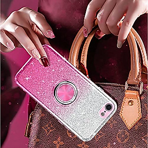 PeeTep iPhone SE 2020 Case,iPhone SE 3 Case Glitter for Girls,iPhone 8 Case,iPhone 7 Case,Slim Sparkly Case with 360°Ring Holder Kickstand Magnetic Car Mount Shock-Absorbent Durable Cover, Pink