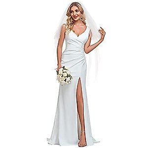 Ever-Pretty Women's Plus Size Ruched Sleeveless Thigh Slit Wedding Dresses for Bride White US24