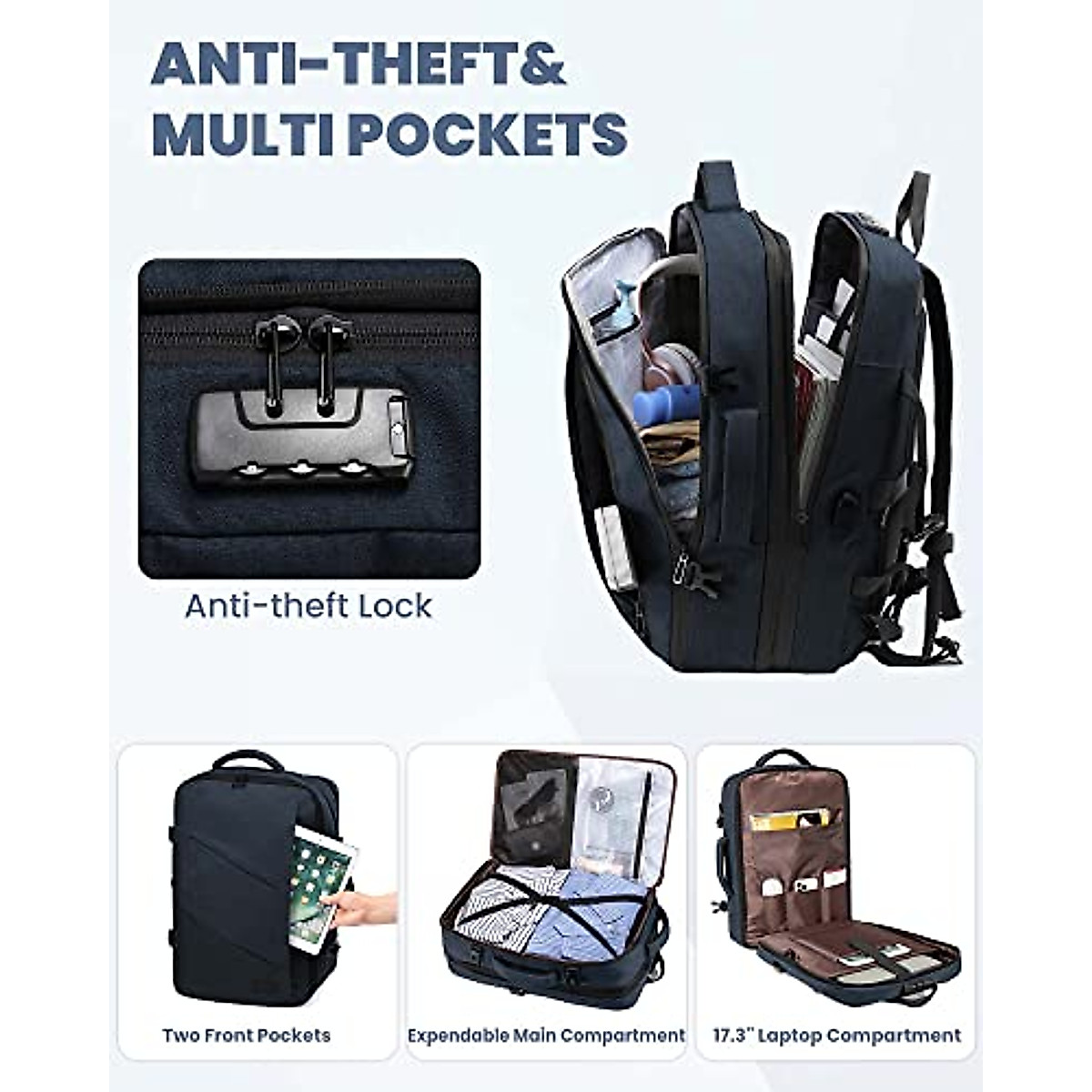 LOVEVOOK Travel Backpack, Expandable 40L Extra Large Carry on Backpack, Flight Approved, Anti-Theft Water Resistant 17 Inch Weekender Backpack for Men Women, with USB Port, Navy Blue