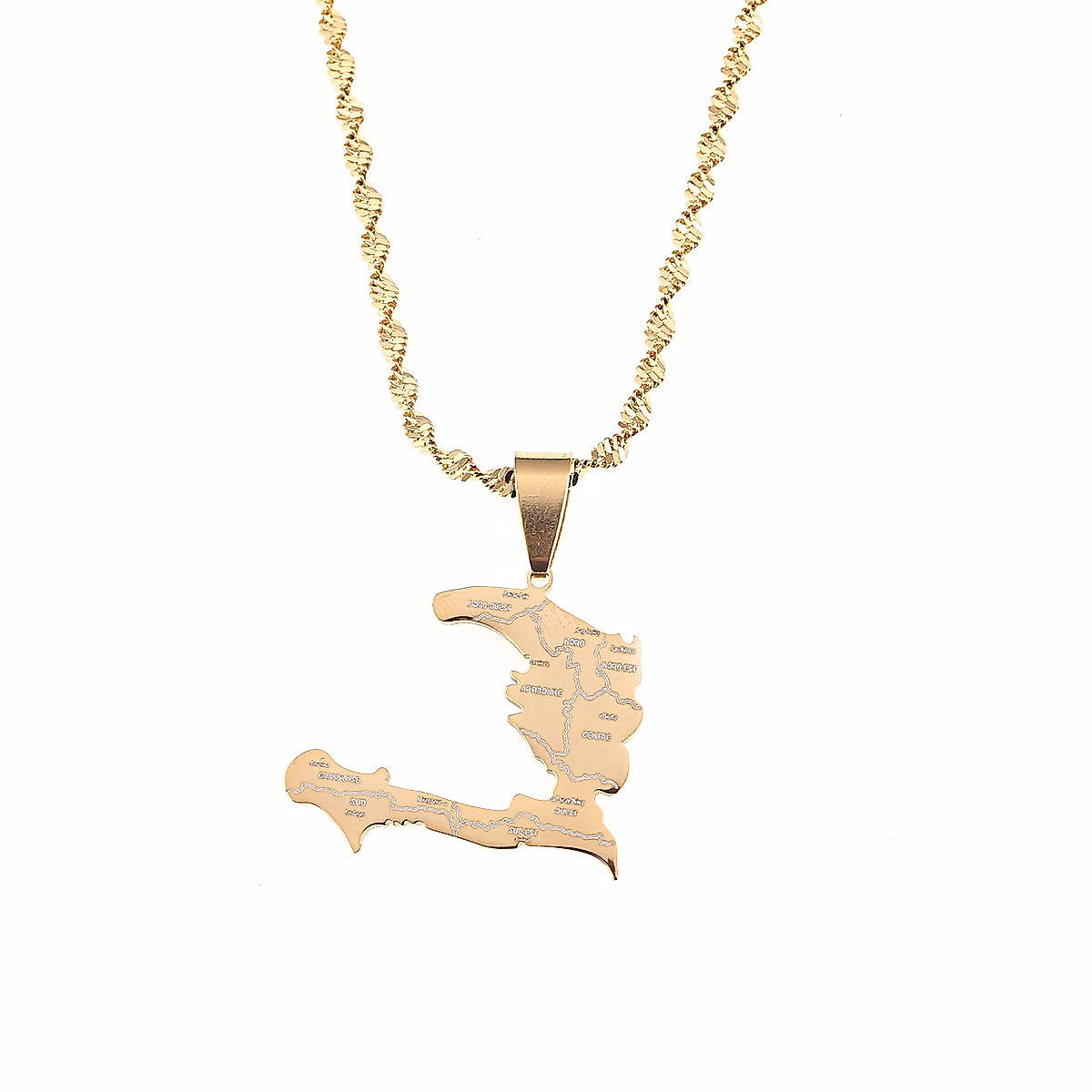 Haiti Country Map with State Name Pendant Necklace Ayiti Jewelry Gifts Map of Haiti (Gold Color)