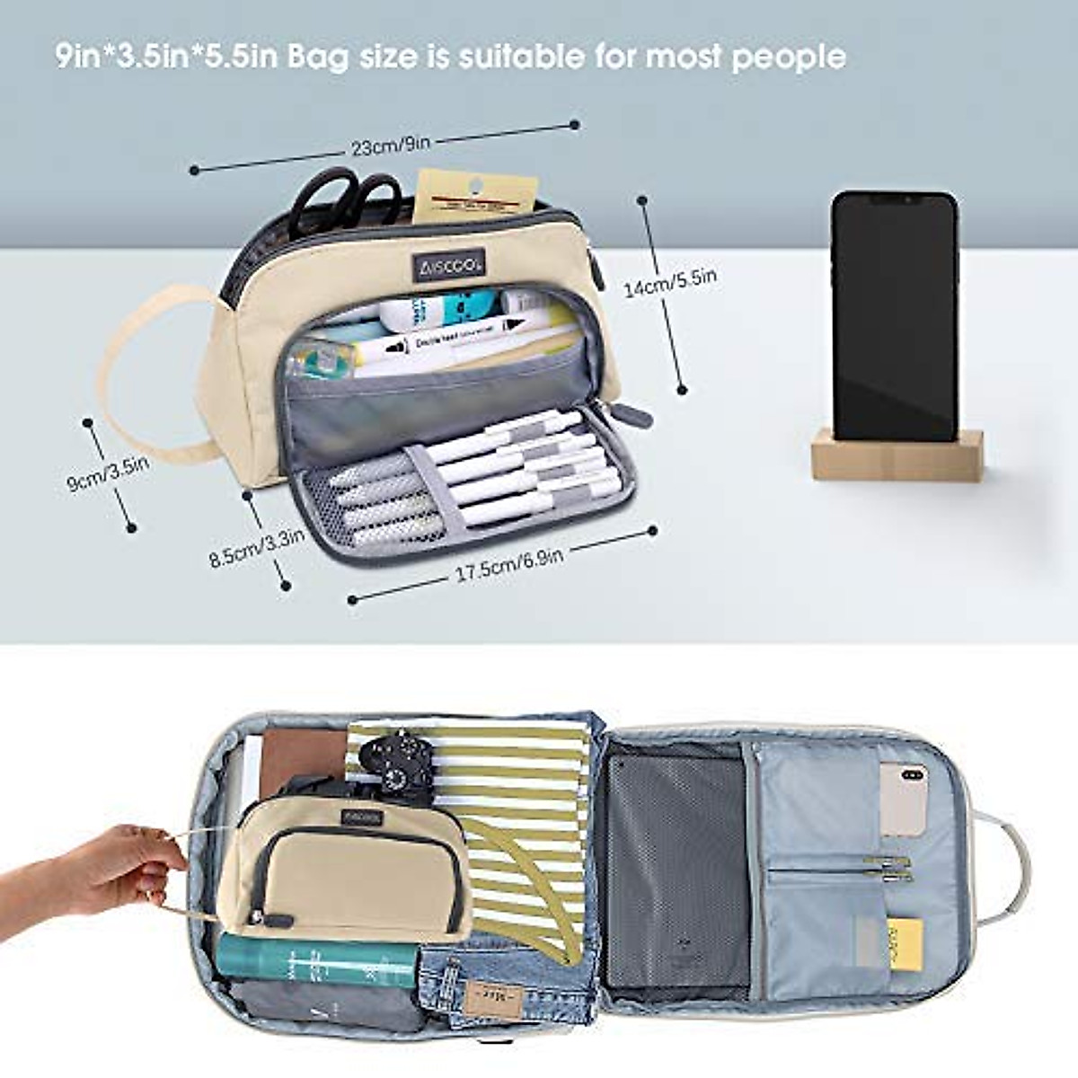 Aiscool Pencil Case Big Capacity Large Pencil Pouch Organizer Pen Bag Holder Stationery Box with Zipper and Compartments 1.5L Storage School Supplies College Office Boys and Girls Adult (Khaki)