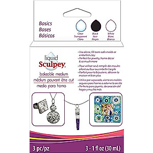 Polyform Liquid Sculpey Liquid Polymer Oven-Bake Clay, Classic Sampler Pack, Three 1 oz. bottles included, White, Black and Clear colors, Great for jewelry, holiday, DIY