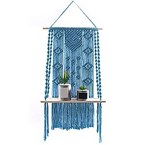 Goodliest Handmade Woven Macrame Wall Hanging Shelf, Boho Wall Decor Floating Shelves, Rope Plant Pot Basket Hanger Holder for Bedroom Kitchen Blue