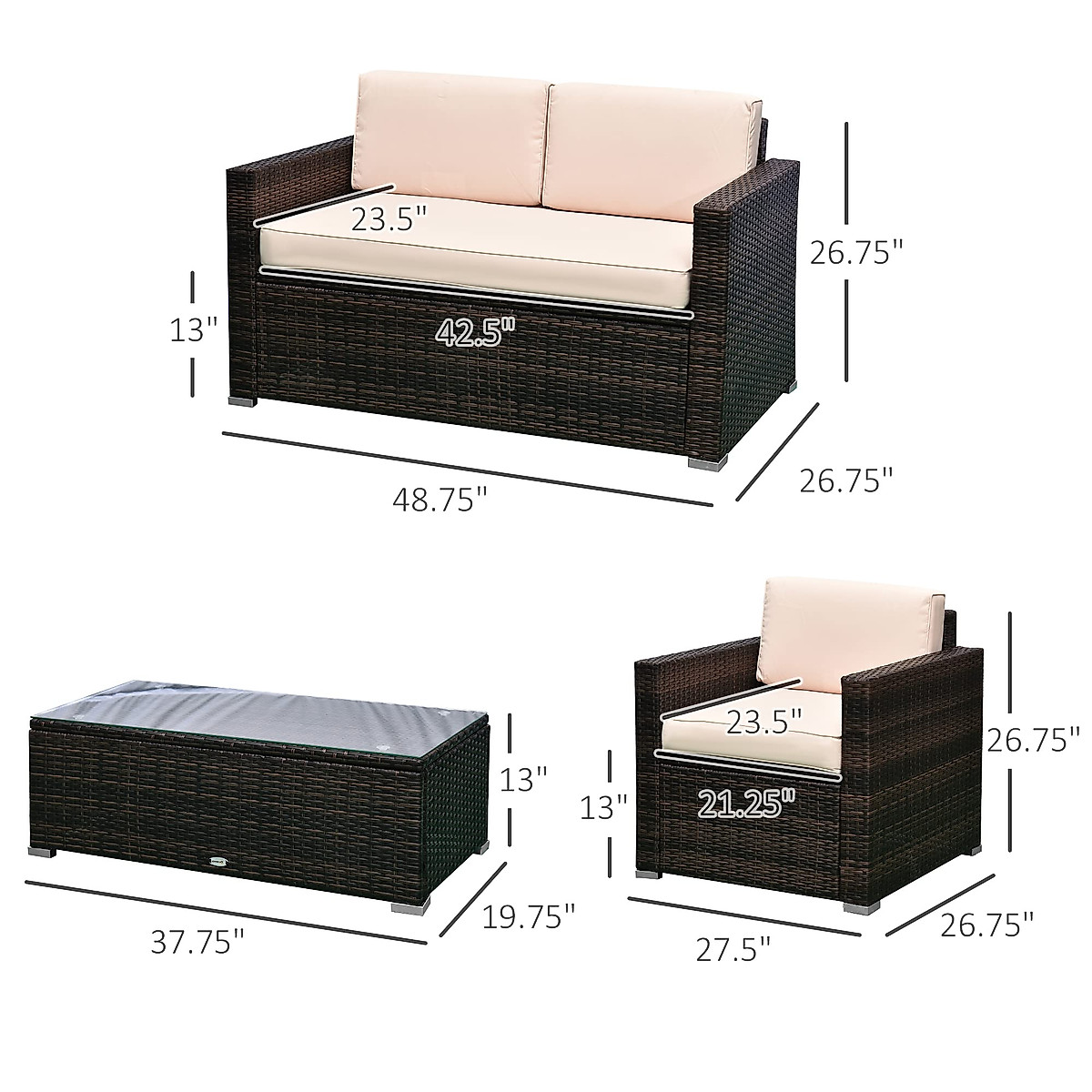 Outsunny 4 Piece Wicker Patio Furniture Set with Cushions, Outdoor Sectional Furniture with 2 Sofa, Loveseat, and Glass Top Coffee Table, Conversation Sofa Sets for Garden, Beige