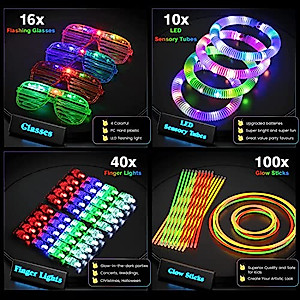 166PCS Glow In The Dark Party Supplies For Kid/Adults,Led Light Up Party Favors Toys With 100 Glow Stick Bulk, 40 Finger Lights, 16 Flashing Glasses, 10 Tubes Sensory Birthday Halloween Neon Supplies
