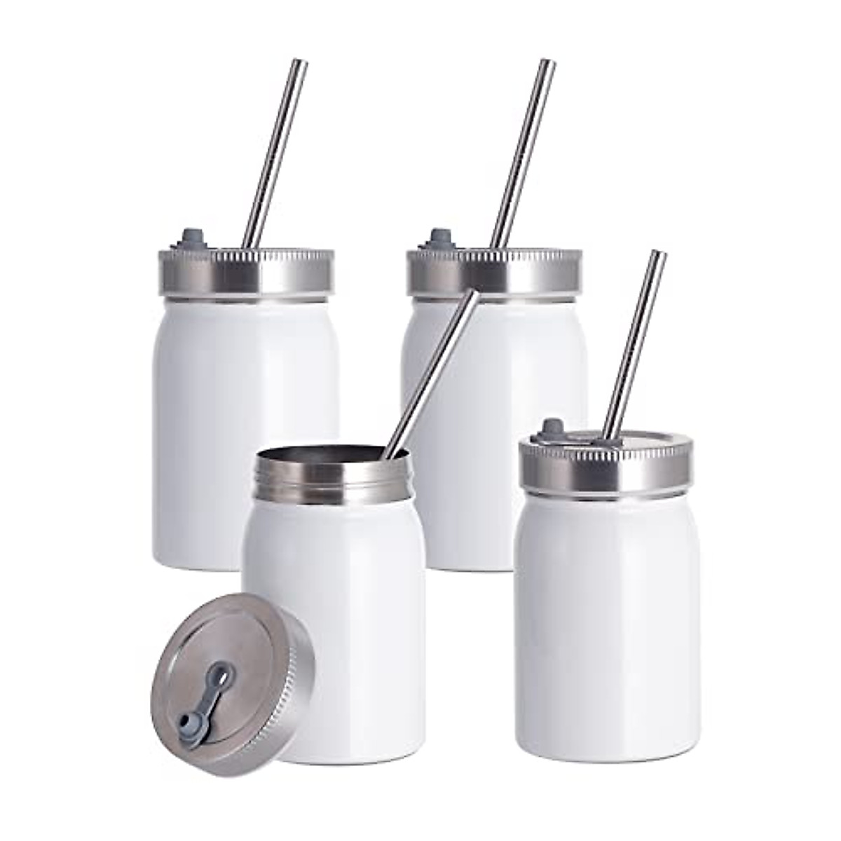 PYD Life Blanks Mason Jar 17 OZ Wide Mouth White Stainless Steel Tumbler with Lid and Metal Straw for Cricut Mug Press Machine Sublimation Print 4 Pack