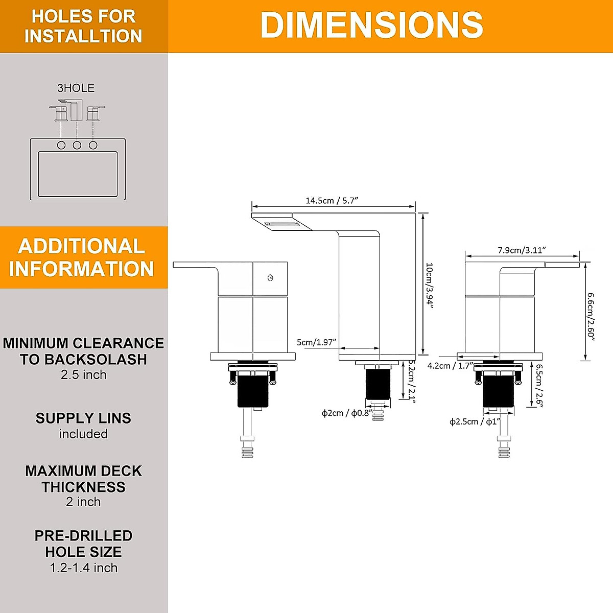 BESy Led 3 Hole Bathroom Sink Faucet, Matte Black Waterfall Wide Spread Bathroom Faucet with 3 Colors Light Changing, Widespread Vanity Faucet 2 Handle with Supply Lines with Pop Up Drain