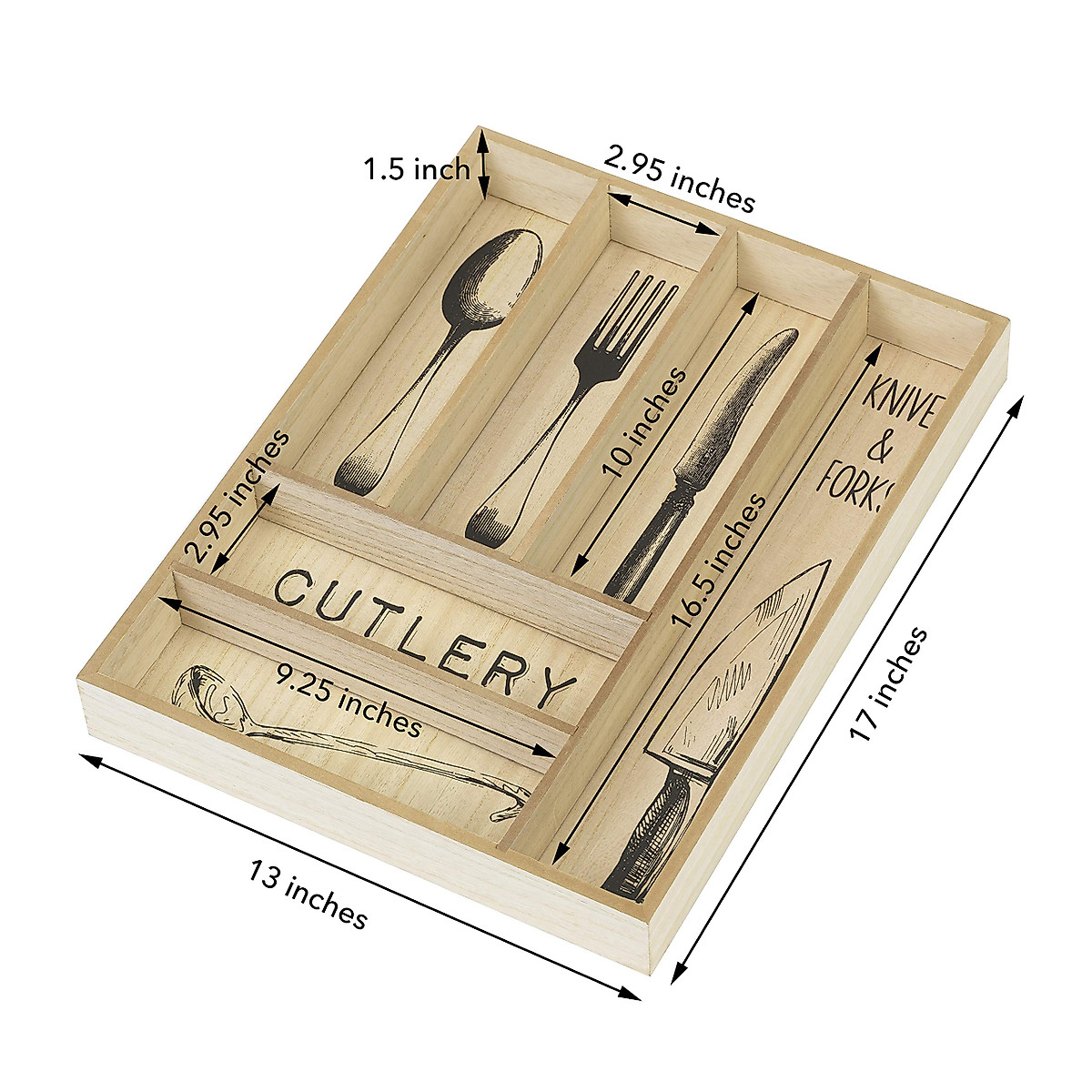10 Street Home Large Wood Decorative Flatware Organizer For Kitchen Drawer, with 6 Compartments; Silverware and Utensil Holder