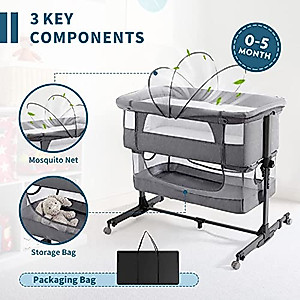 Ihoming Bassinet Bedside Sleeper for Baby, 3 in 1 Convertible Design, lnfant Bed & Bed Side Sleeper & Cradle Bassinets, Newborn Bedside Crib Attaches to Bed, Deep Grey