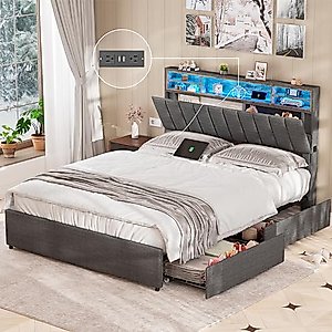 Lumelay Queen Bed Frame with 4 Storage Drawers, LED Bed Frame with Charging Station and Adjustable Tall Bookcase Headboard, Upholstered Mattress Foundation, No Box Spring Needed, Dark Grey