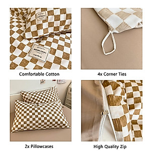 BEUFLO DREMS Checkered Duvet Cover Twin,100% Cotton Soft Duvet Cover Sets 4 PCS Plaid Bedding Comforter Cover Set with Zipper,Brown Bedding Set,1 Duvet Cover +1 Flat Sheet + 2 Pillow Cases