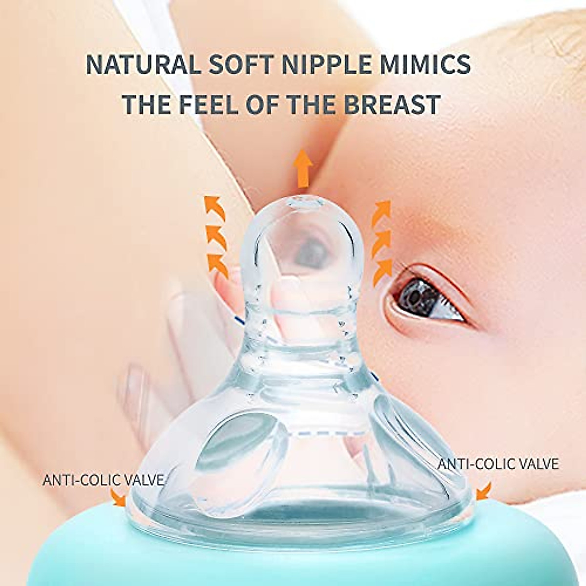 Baby Bottle Glass Wide Neck, Closer to Breastfeeding, Slow Flow Nipple, Anti-Colic, 4 Ounce, 2 Count (Blue)