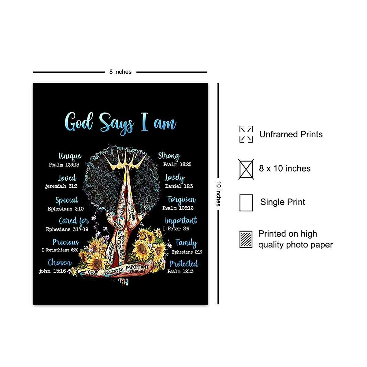 Positive Affirmations Black Wall Art - Inspirational Bible Verses Religious God Decor - Spiritual Christian Scripture Poster - African American Women, Black Woman, Girls - I Am - Encouragement Gifts