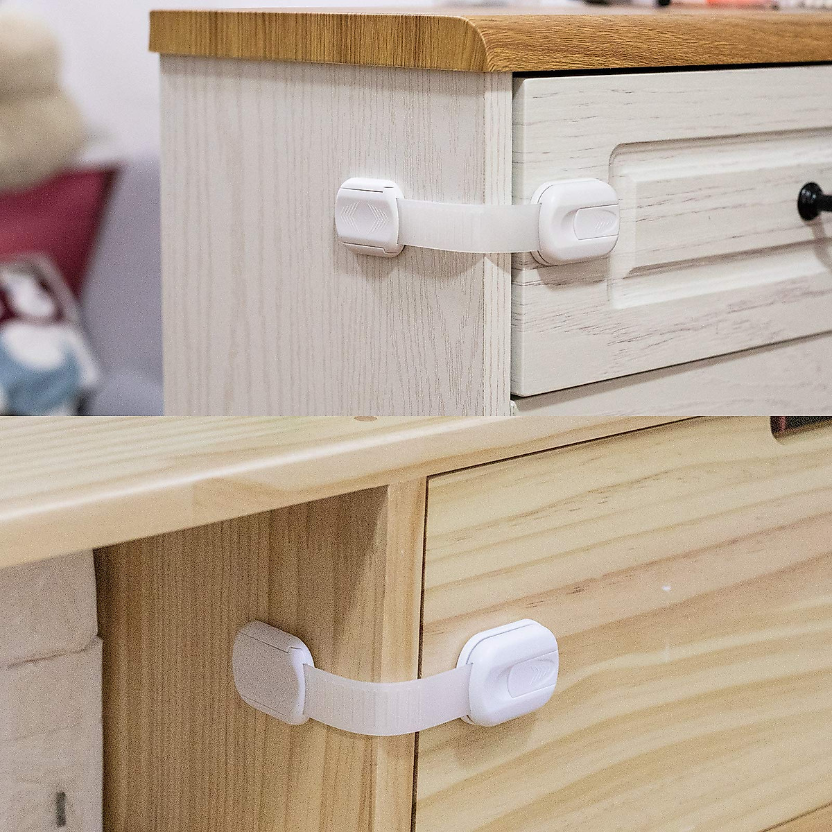 Child Safety Cabinet Locks (6 Pack) Adhesive Furniture Latches for Baby Proofing Cabinets, Drawers, Appliances, Toilet Seat, Fridge, Oven & More,No Tools or Drilling - Adjustable Strap