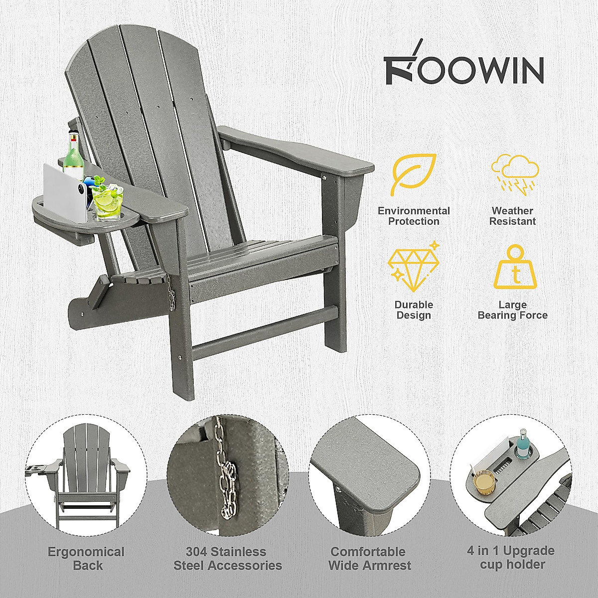 FOOWIN Adirondack Chair Set of 4, HDPE Folding Adirondack Chair w/4 in 1 Cup Holder Trays,Weather Resistant Outdoor Chair, Fire Pit Chairs for Patio Lawn Garden Backyard Deck,15min Assembly 400LB