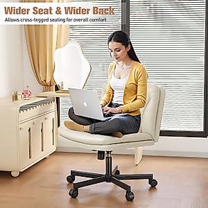 Sytas Criss Cross Chair with Wheels, Vanity Desk Chair with Double-Layer Back & Cushion, PU Leather Armless Cross Legged Wide Chair Adjustable Chair for Home Office