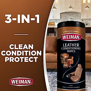 Weiman Leather Cleaner & Conditioner Wipes With UV Protection, Prevent Cracking Or Fading Of Leather Couches, Car Seats, Shoes, Purses - 30 ct